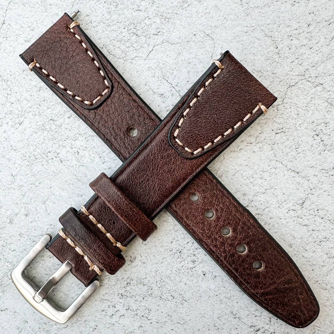 Genuine Leather Vintage Style Watch Strap - Dark Brown