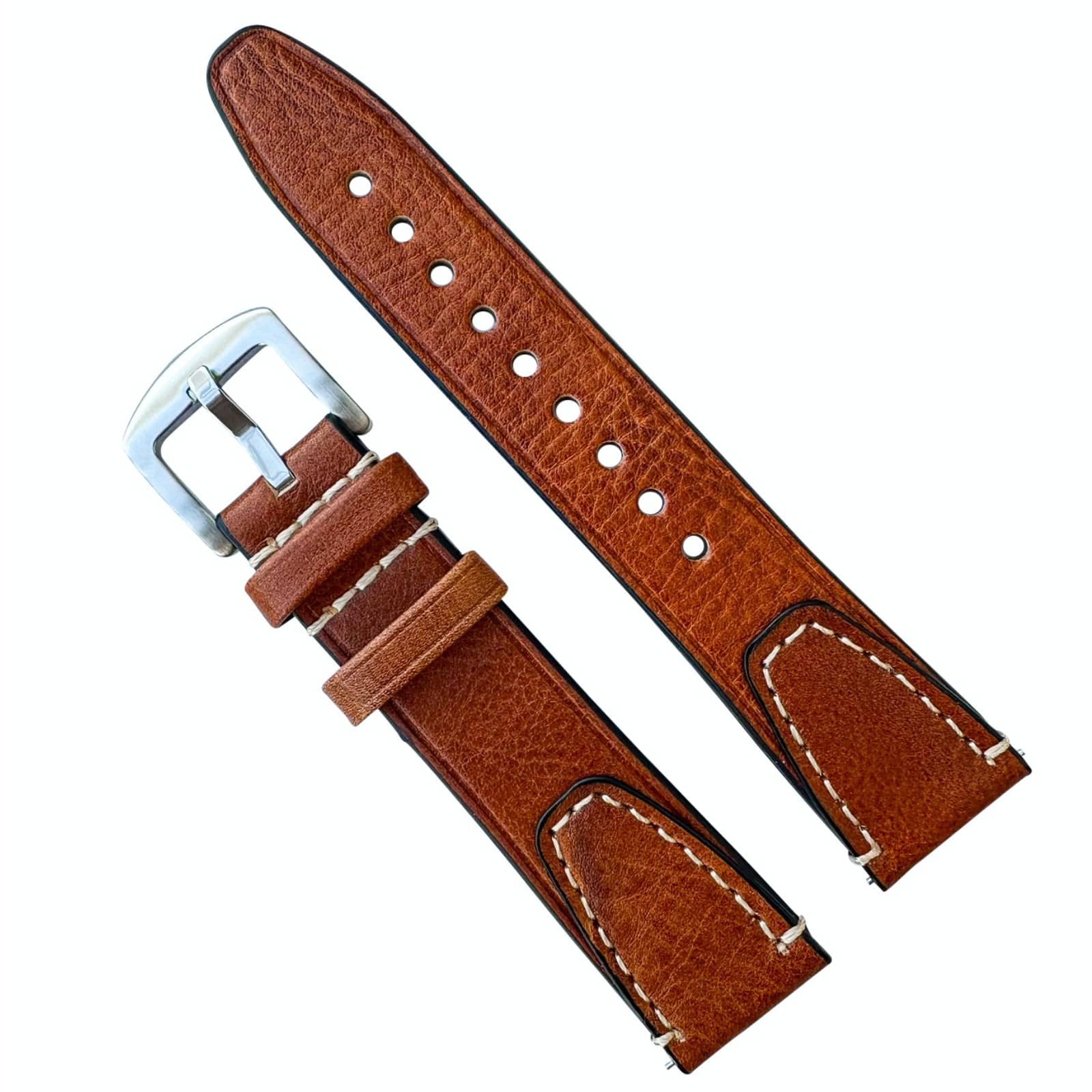 Genuine Leather Vintage Style Watch Strap - Red Brown