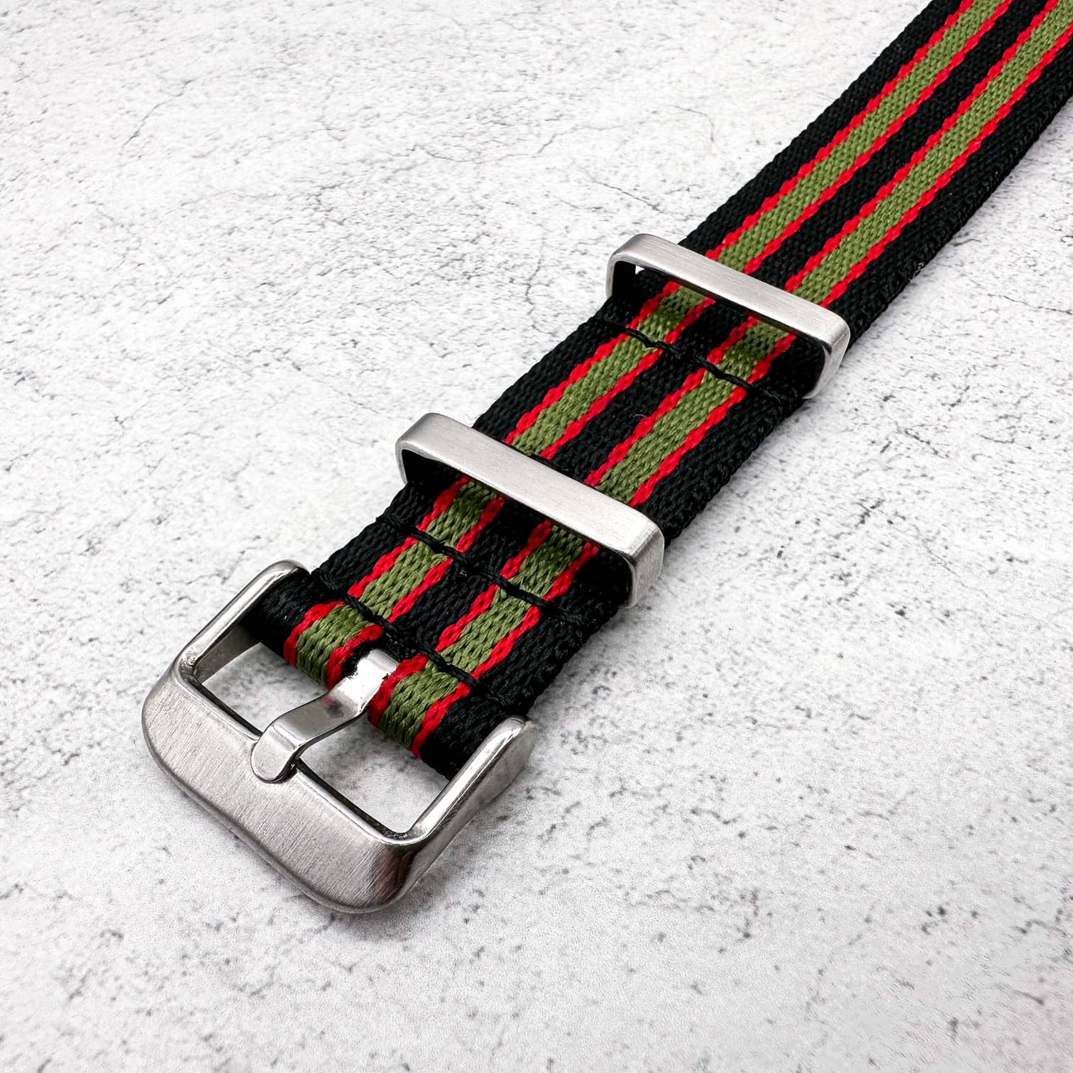 Herringbone Bond NATO Watch Strap - Green / Red / Black