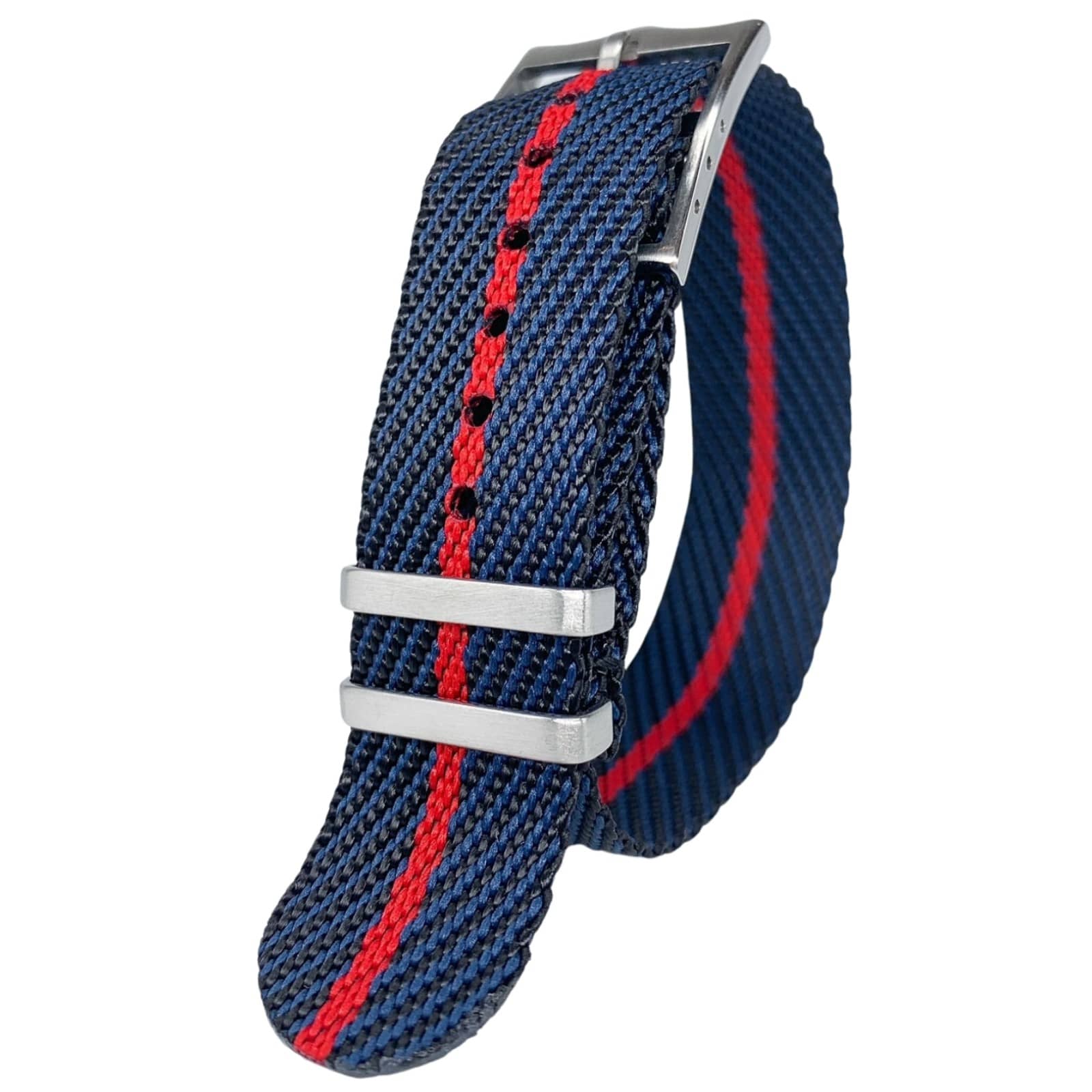 Twill Woven Nylon Single Pass Watch Strap - Dark Blue / Red